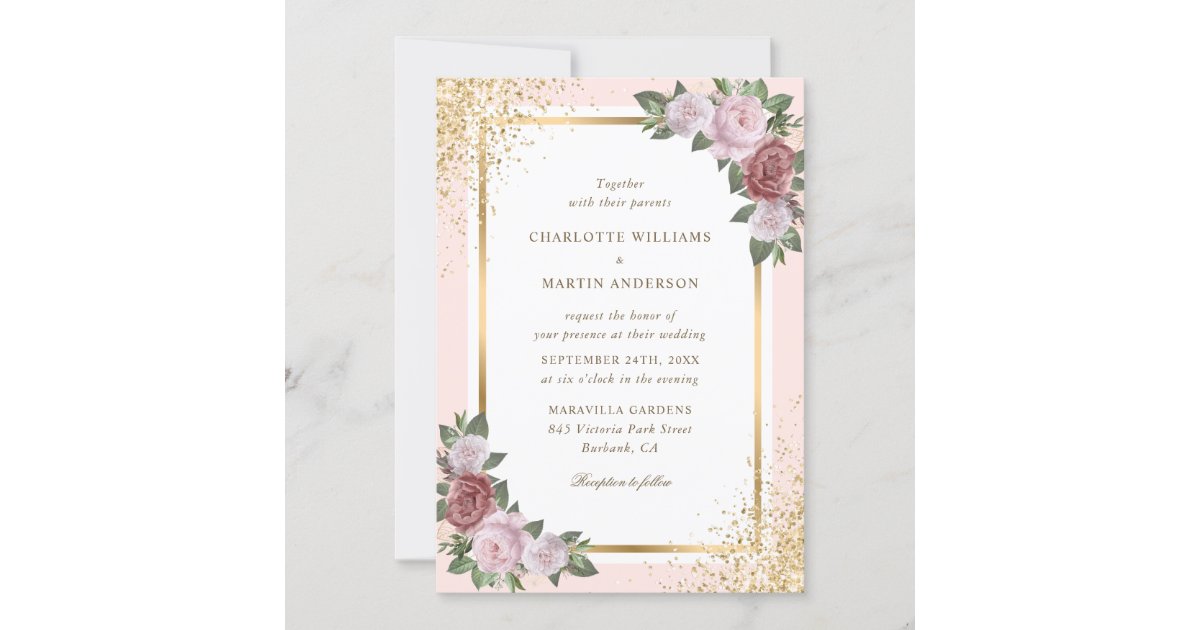Gold Blush Pink Frame Confetti Floral Wedding Invitation | Zazzle