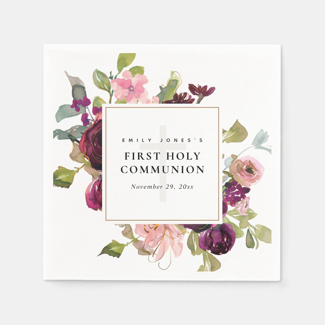 GOLD BLUSH RED ROSE FLORAL FIRST HOLY COMMUNION NAPKINS | Zazzle