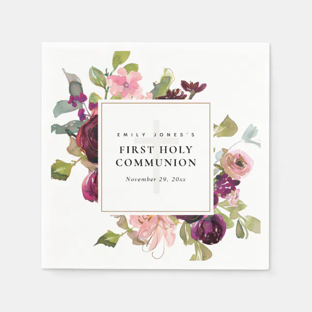 GOLD BLUSH RED ROSE FLORAL FIRST HOLY COMMUNION NAPKINS | Zazzle
