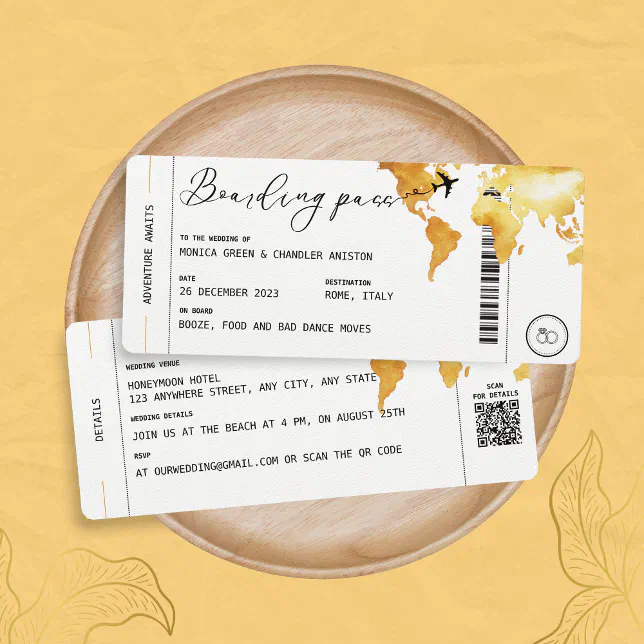 Gold Boarding Pass Destination Wedding QR code Invitation | Zazzle