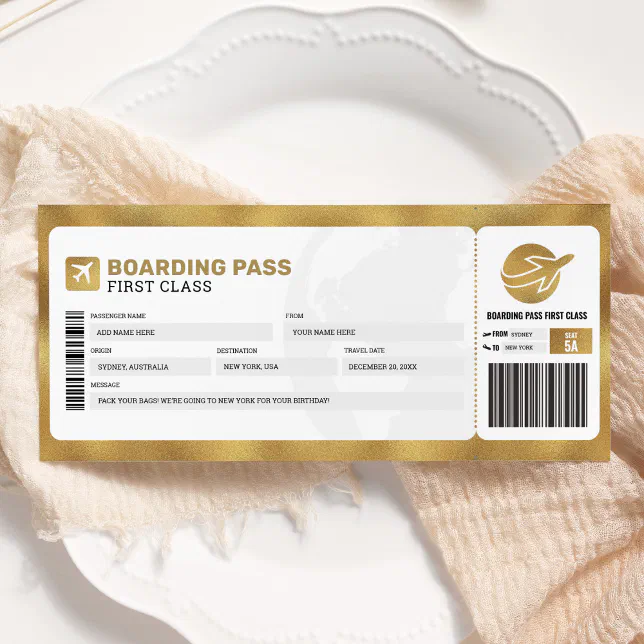 Gold Boarding Pass Travel Trip Plane Gift Ticket Invitation | Zazzle