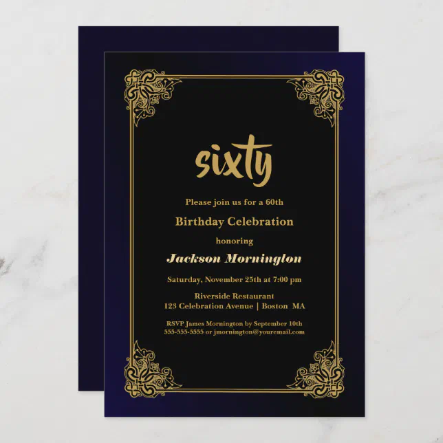Gold Border Black 60th Birthday Party Invitation | Zazzle