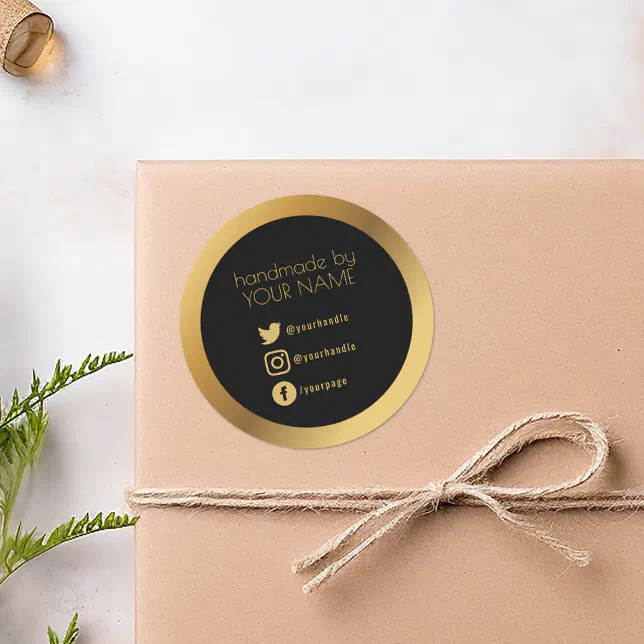 Gold border, black thank you packaging classic round sticker | Zazzle