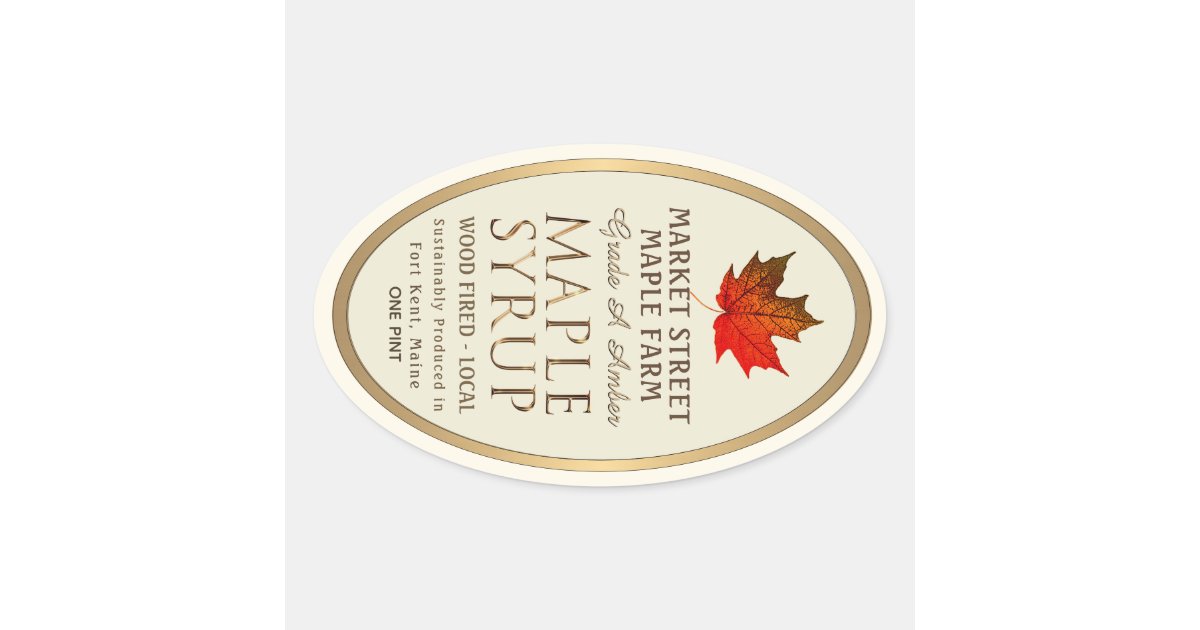 Gold Border Maple Syrup with Red Sugar Maple Leaf Oval Sticker | Zazzle