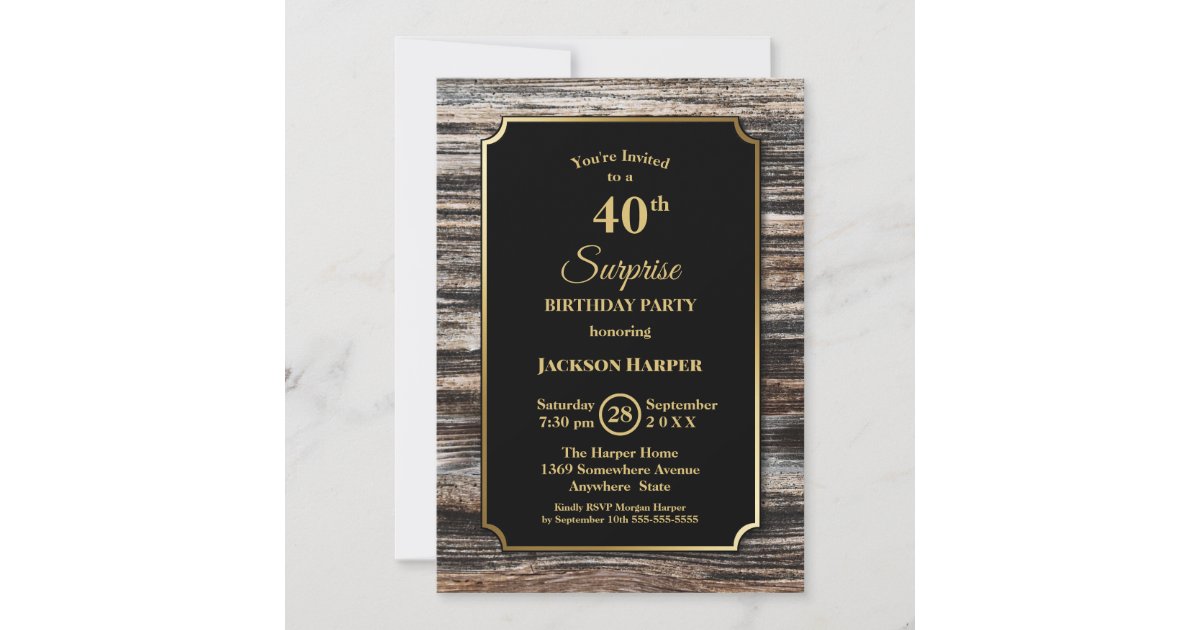 Gold Border Wood Surprise 40th Birthday Party Invitation | Zazzle