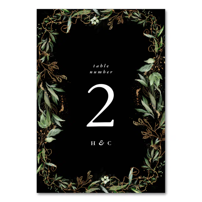 Gold Botanical Eucalyptus Elegant Greenery Black Table Number | Zazzle
