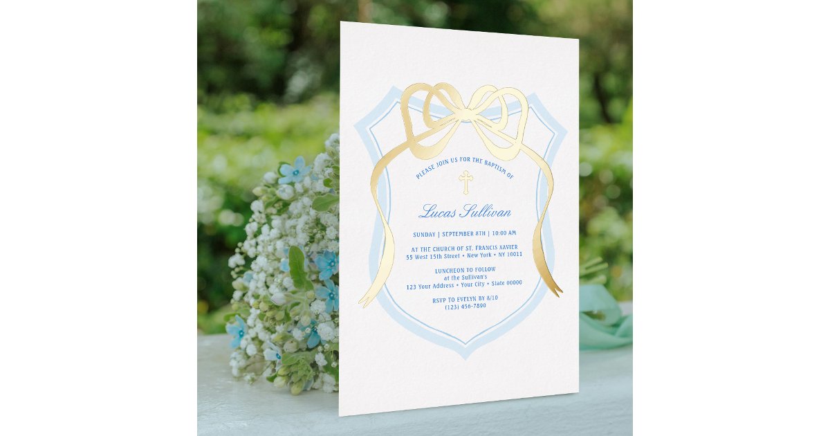 Gold Bow Light Blue Crest Baptism Foil Invitation | Zazzle