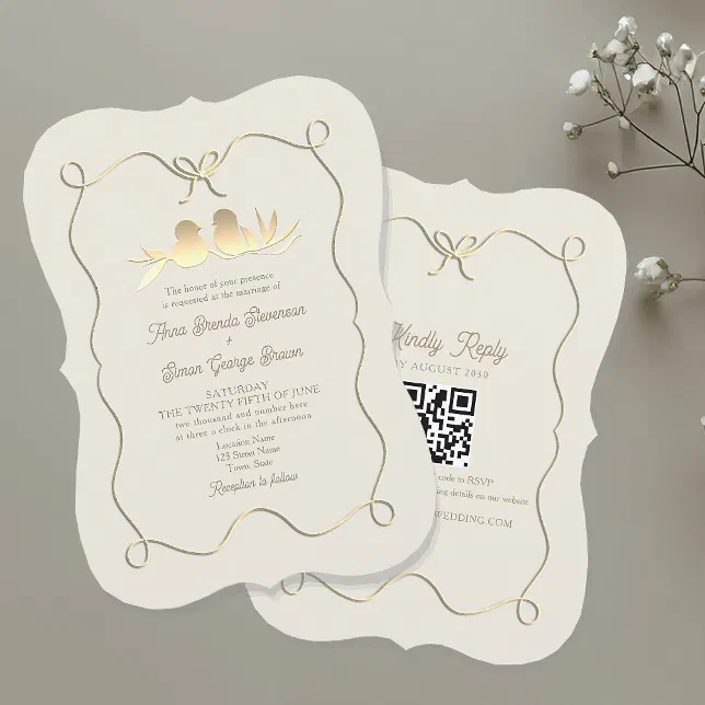 Gold Bow Wedding Invitation with QR Code | Zazzle