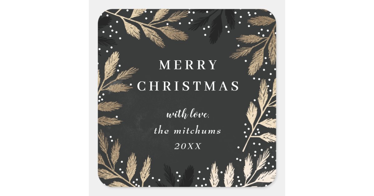 Gold Branches Merry Christmas Holiday Square Sticker | Zazzle