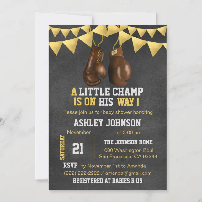 Gold Brown Boy Boxe Boxing Baby Shower Invitations | Zazzle
