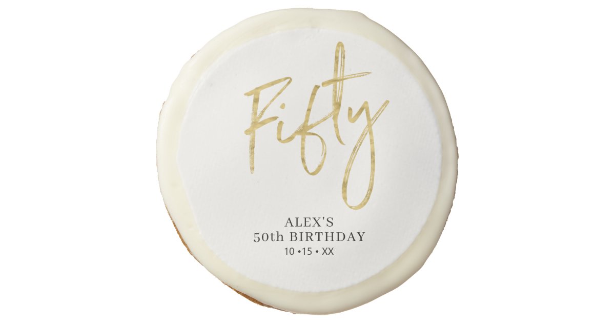 Gold Brush Script Fifty 50th Birthday Favor Sugar Cookie | Zazzle