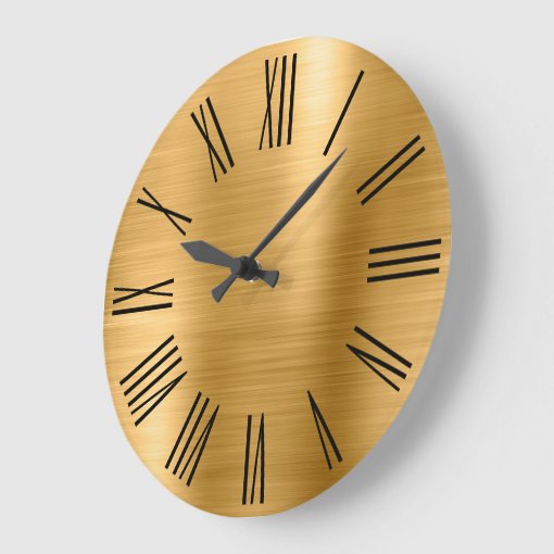 Gold Brushed Foil Black Roman Numerals Large Clock | Zazzle