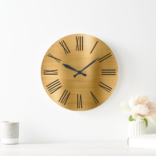 Gold Brushed Foil Black Roman Numerals Large Clock | Zazzle