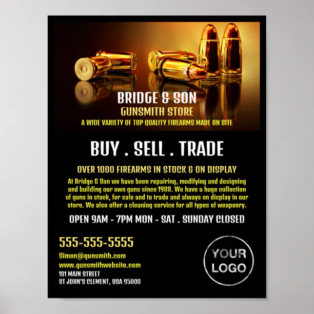 Gold Bullets, Gunsmith, Gunstore Advertising Poster | Zazzle