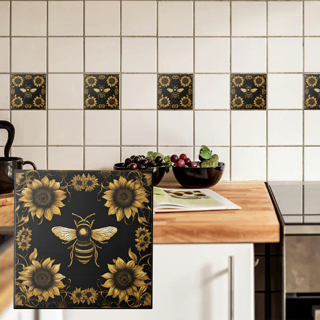Gold Bumble Bee and Sunflowers Ceramic Tile | Zazzle