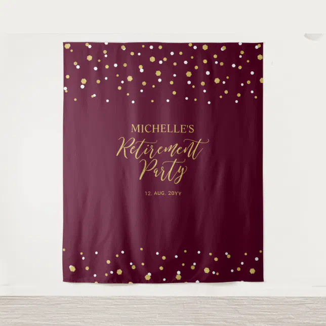 Gold & Burgundy Confetti Retirement Party Backdrop | Zazzle