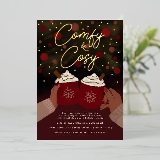 Gold Burgundy Cosy Hot Cocoa Holiday invitation Foil Invitation | Zazzle