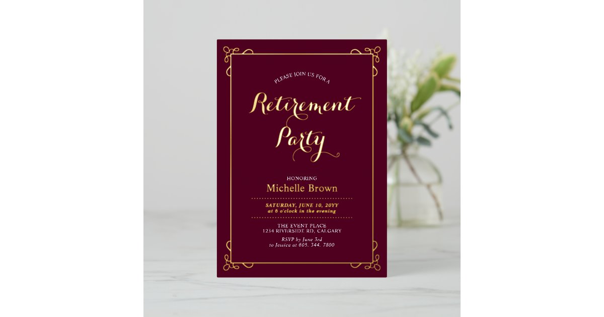 Gold & Burgundy Elegant Classy Retirement Party Foil Invitation | Zazzle