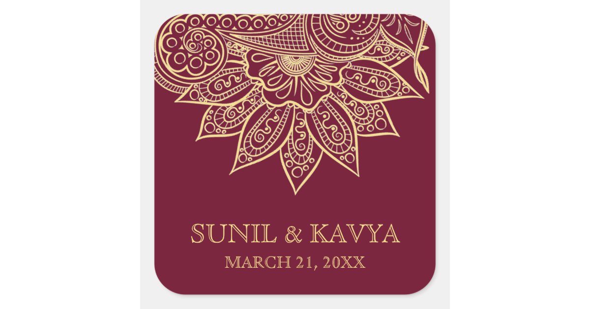 Gold Burgundy Mehendi Henna Indian Wedding Favor Square Sticker | Zazzle