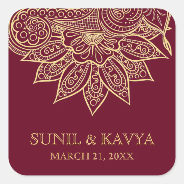Gold Burgundy Mehendi Henna Indian Wedding Favor Square Sticker | Zazzle
