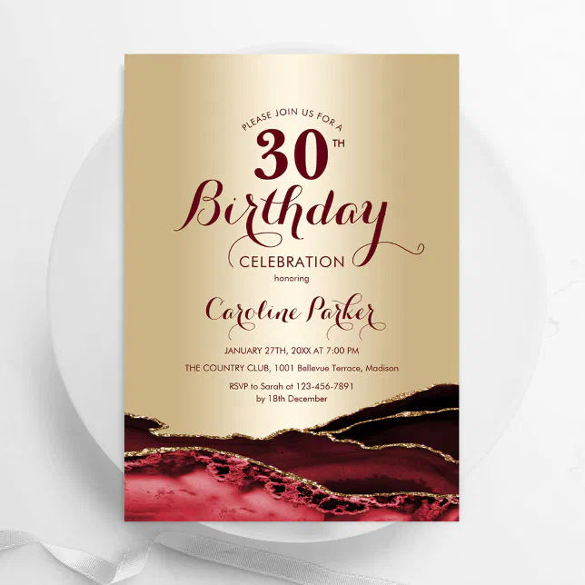 Gold Burgundy Red Agate 30th Birthday Invitation | Zazzle