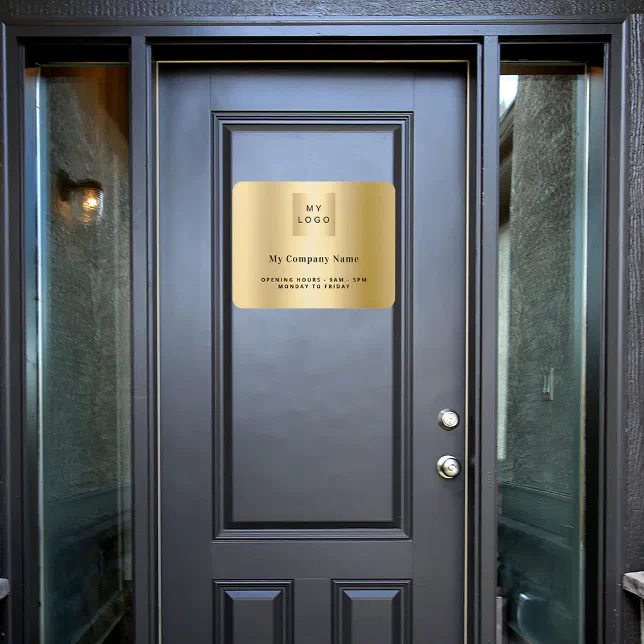 Gold business logo name opening hours door sign | Zazzle