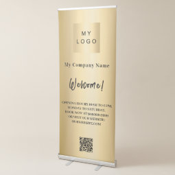 Gold business logo opening hours QR code Retractable Banner | Zazzle