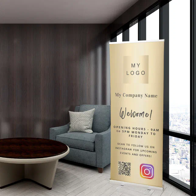 Gold business logo opening hours QR Instagram Retractable Banner | Zazzle