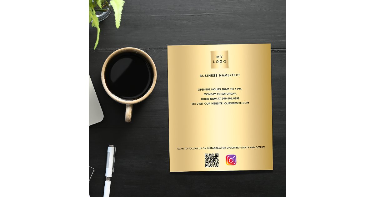Gold business logo qr code instagram custom text flyer | Zazzle