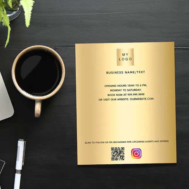 Gold business logo qr code instagram custom text flyer | Zazzle