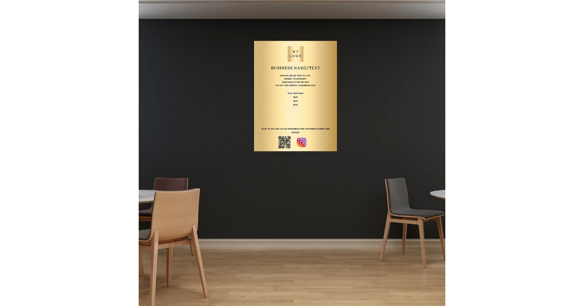 Gold business logo qr code instagram custom text poster | Zazzle