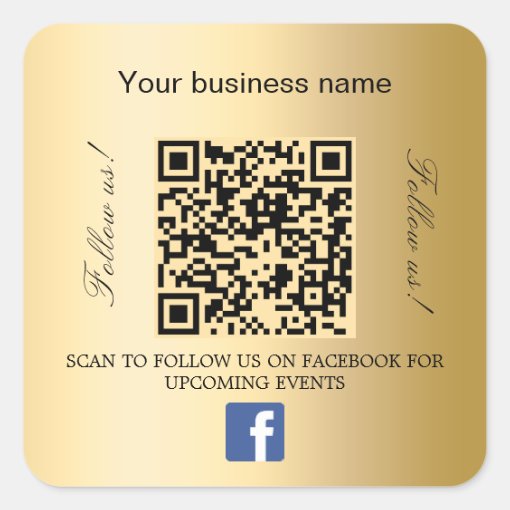 Gold business name qr code Facebook Square Sticker | Zazzle