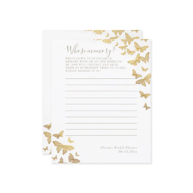 Gold Butterfly Bridal Shower Whose Memory Game | Zazzle