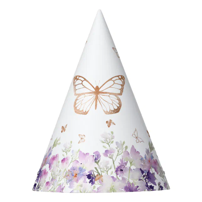 Gold butterfly purple floral birthday party hat | Zazzle