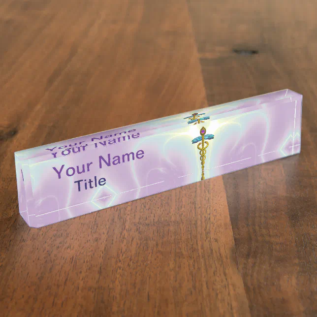 GOLD CADUCEUS , Light Blue Purple Nameplate | Zazzle