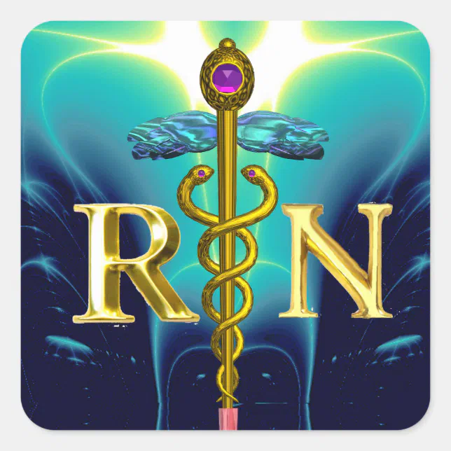 GOLD CADUCEUS REGISTERED NURSE SYMBOL Aqua Blue Square Sticker | Zazzle