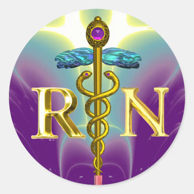 GOLD CADUCEUS REGISTERED NURSE SYMBOL Purple Green Classic Round ...