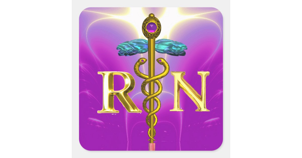 GOLD CADUCEUS REGISTERED NURSE SYMBOL Purple Pink Square Sticker | Zazzle