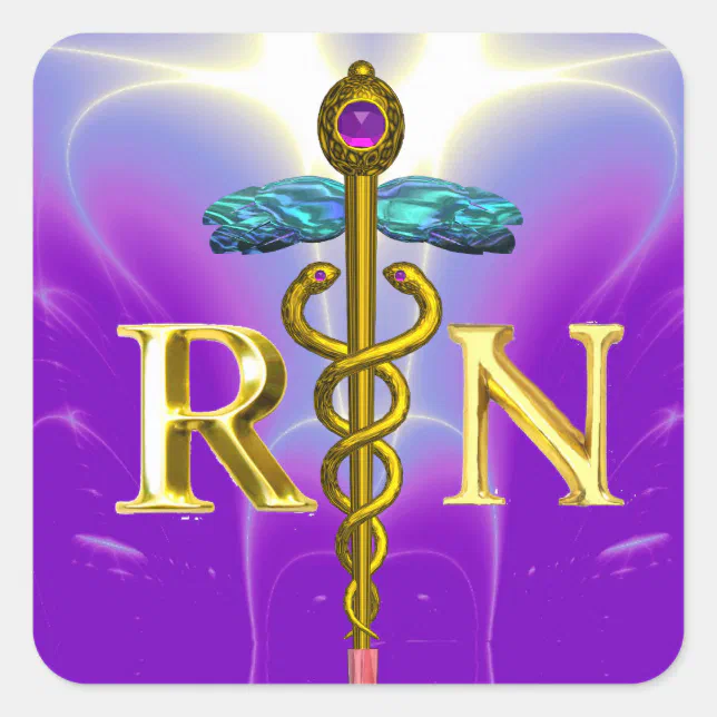 GOLD CADUCEUS REGISTERED NURSE SYMBOL Purple Teal Square Sticker | Zazzle