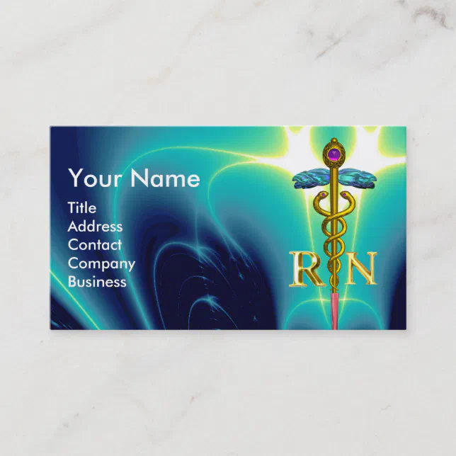 GOLD CADUCEUS REGISTERED NURSE SYMBOL Teal Blue Business Card | Zazzle