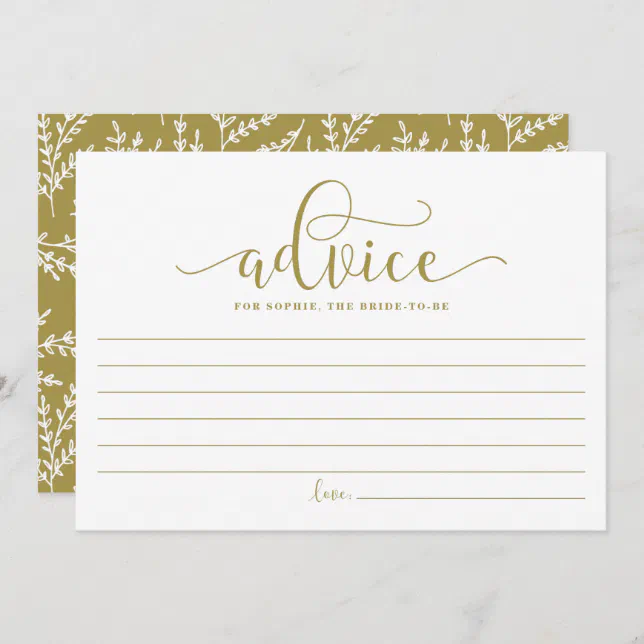 Gold Calligraphy Adivce for the Bride to Be Advice Card | Zazzle