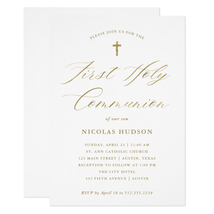 Gold Calligraphy and Cross | First Holy Communion Invitation | Zazzle.com