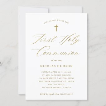 Gold Calligraphy and Cross | First Holy Communion Invitation | Zazzle