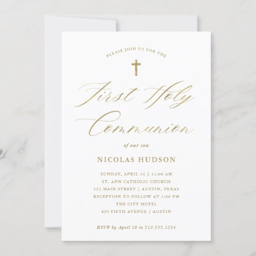 Gold Calligraphy and Cross | First Holy Communion Invitation | Zazzle