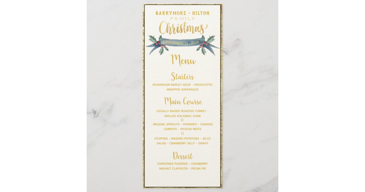Gold Calligraphy Elegant Family Christmas Dinner Menu | Zazzle