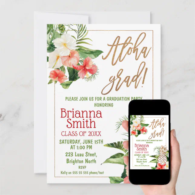 Gold Calligraphy Floral Luau Graduation Invitation | Zazzle