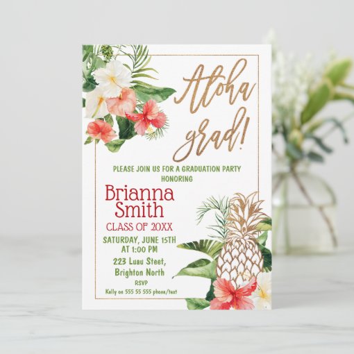Gold Calligraphy Floral Luau Graduation Invitation | Zazzle