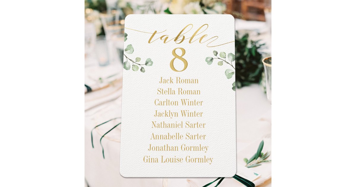 Gold Calligraphy Greenery Table Seating Card | Zazzle