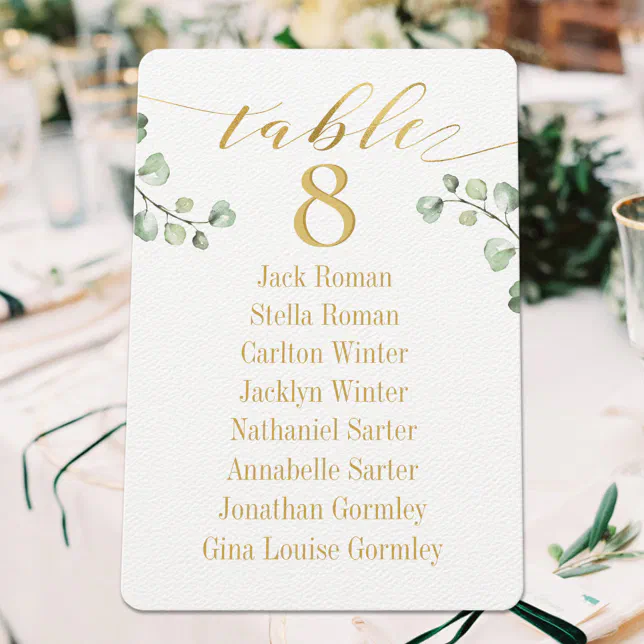 Gold Calligraphy Greenery Table Seating Card | Zazzle
