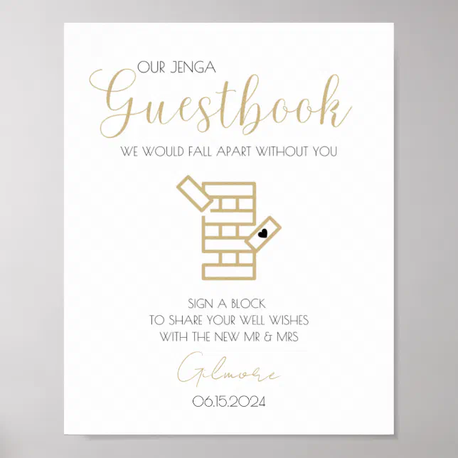 Gold Calligraphy Jenga Guestbook Wedding Poster | Zazzle